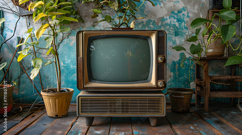 Vintage portable TV with old video effect screen mockup. Perfect for ...