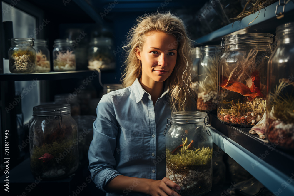 Female Marine Biologist with Specimen Jars Stock Photo | Adobe Stock
