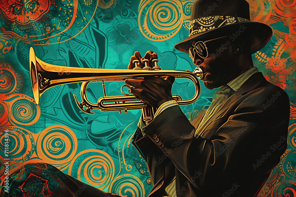 Afro-American male trumpeter musician playing a brass trumpet in an ...