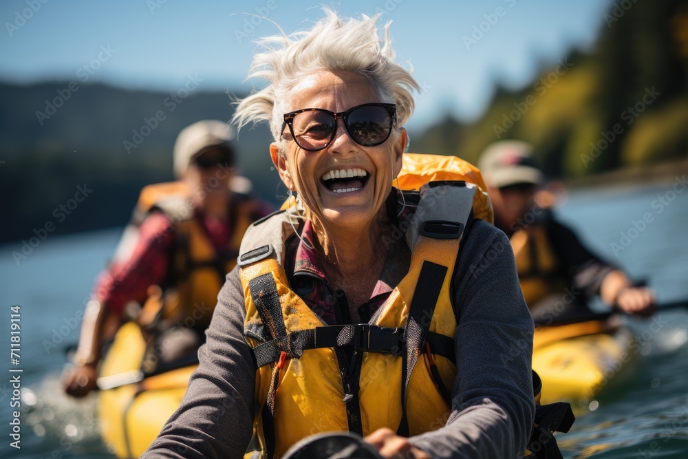 A vibrant woman embraces the thrill of adventure as she smiles ...