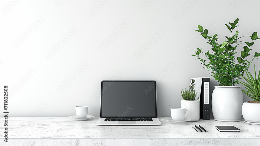 clean and minimalistic workspace with a laptop, coffee cup, and potted ...