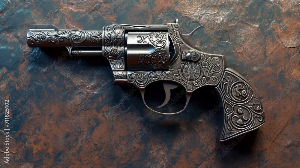 Silver antique metal Steampunk revolver with luxury patterns. revolver ...