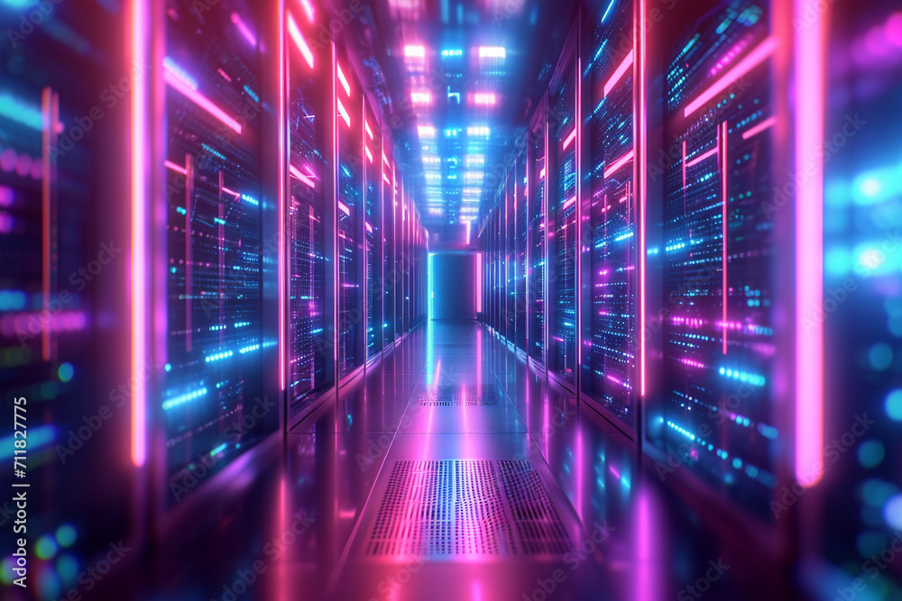 VFX visualization concept inside a data center, showing digital data ...