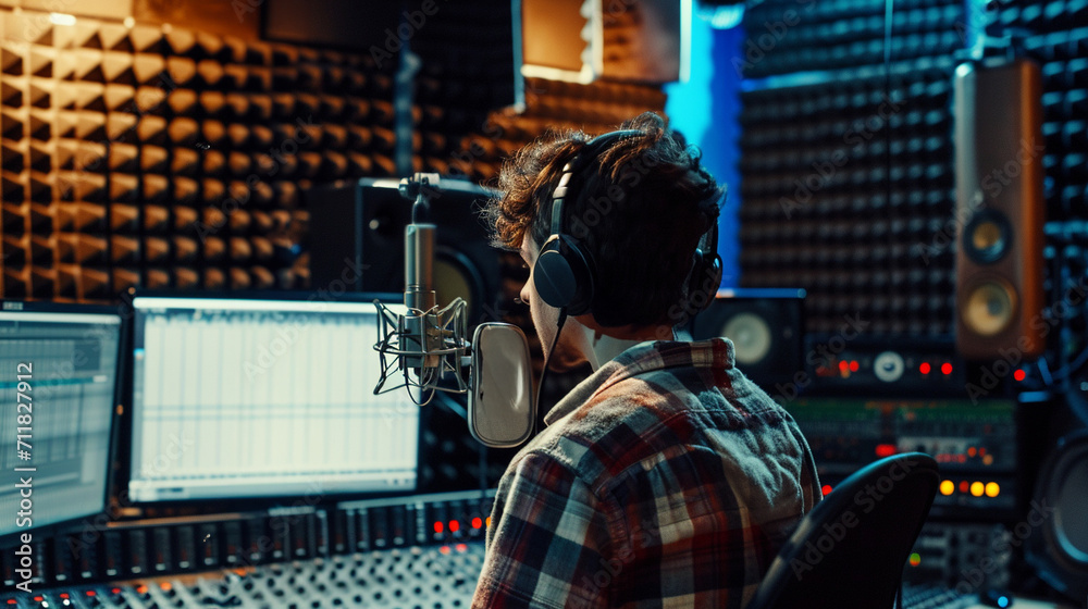 modern music recording studio scene with an artist singing into a ...