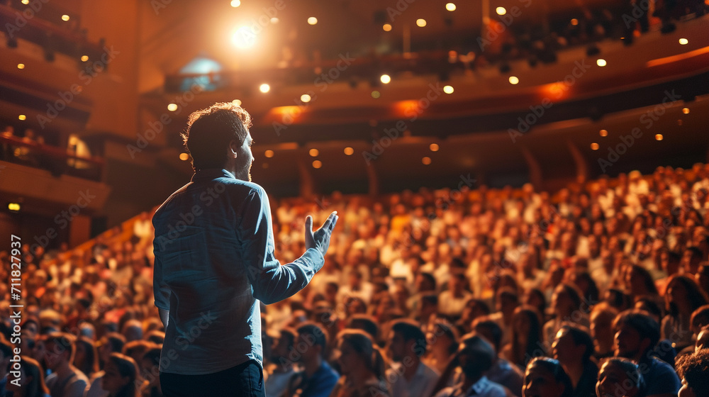 keynote speaker giving a lecture to a large audience in a grand ...