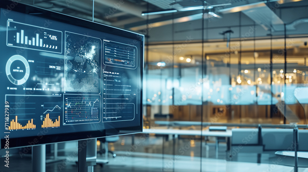 professionals gathered around a large digital screen, analyzing online ...