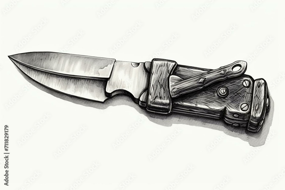 Sketch engraving of a folding pocket knife illustration with ...