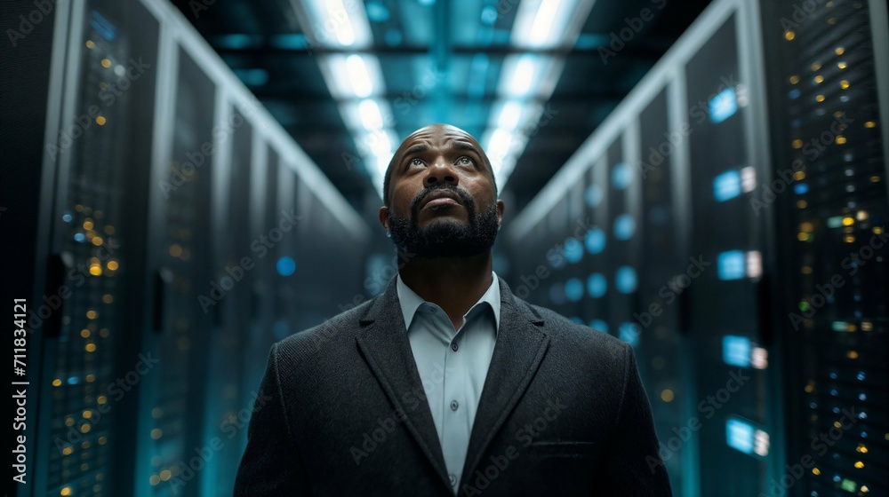 Thoughtful man in a suit looking up in a server room data center Stock ...