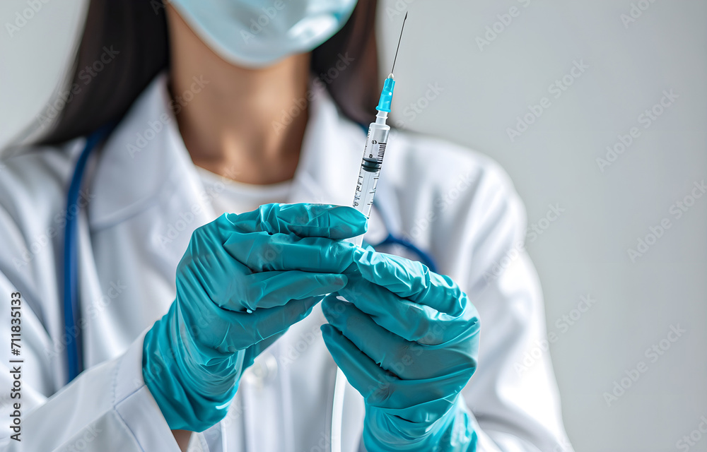 doctor's hand in a blue medical glove holds a syringe on a blurred ...