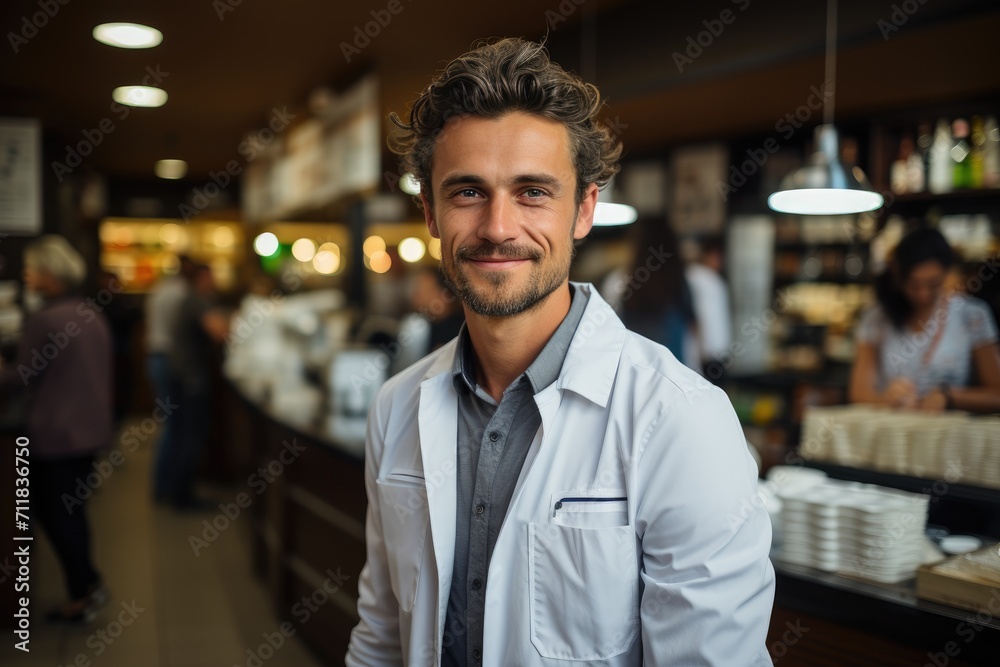 A smiling man in a crisp white coat stands confidently in an indoor ...