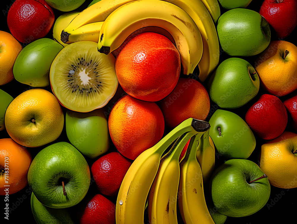 A vibrant pile of locally-sourced fruits, including apples, bananas ...