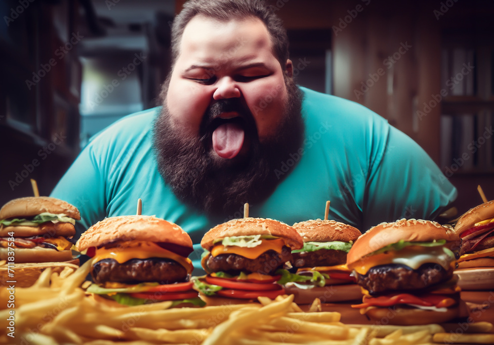 Fat man eating hamburger in fast food restaurant. Man with an obese ...