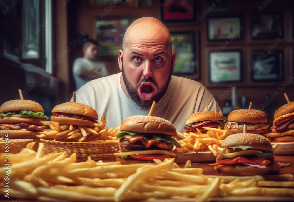 Fat man eating hamburger in fast food restaurant. Man with an obese ...