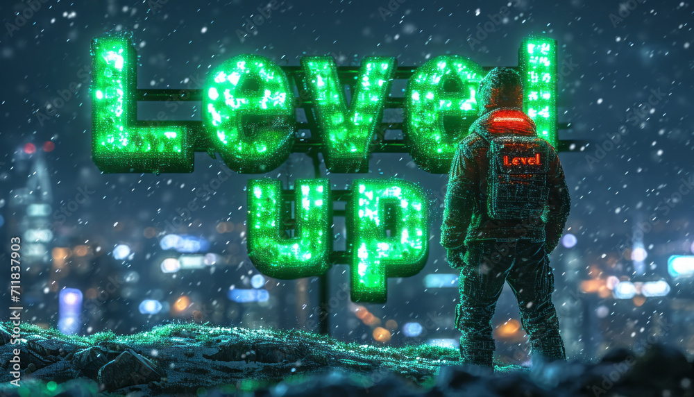 Big green letters Text "Level up" isolated on black background ...