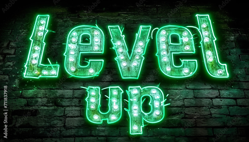 Big green letters Text "Level up" isolated on black background ...