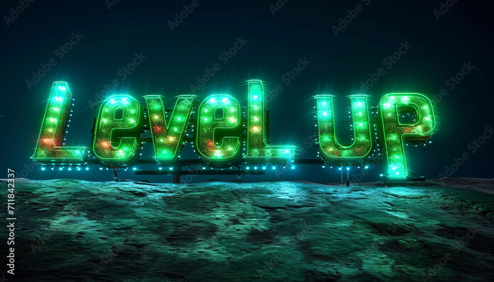 Big green letters Text "Level up" isolated on black background ...