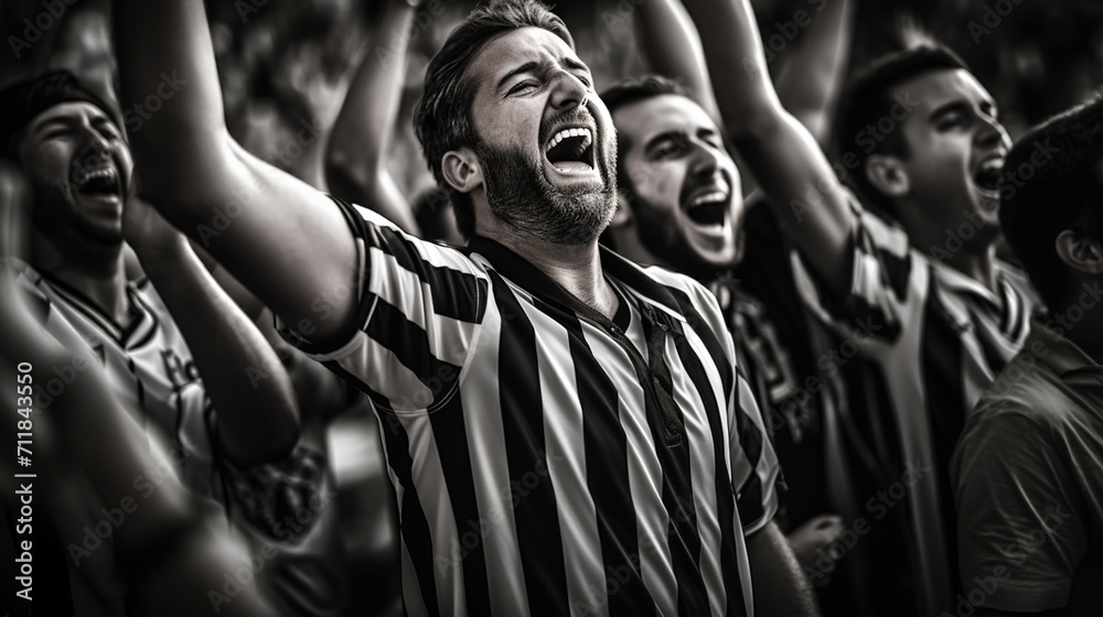 Crowd of sports fans cheering during a match in stadium. Excited people ...