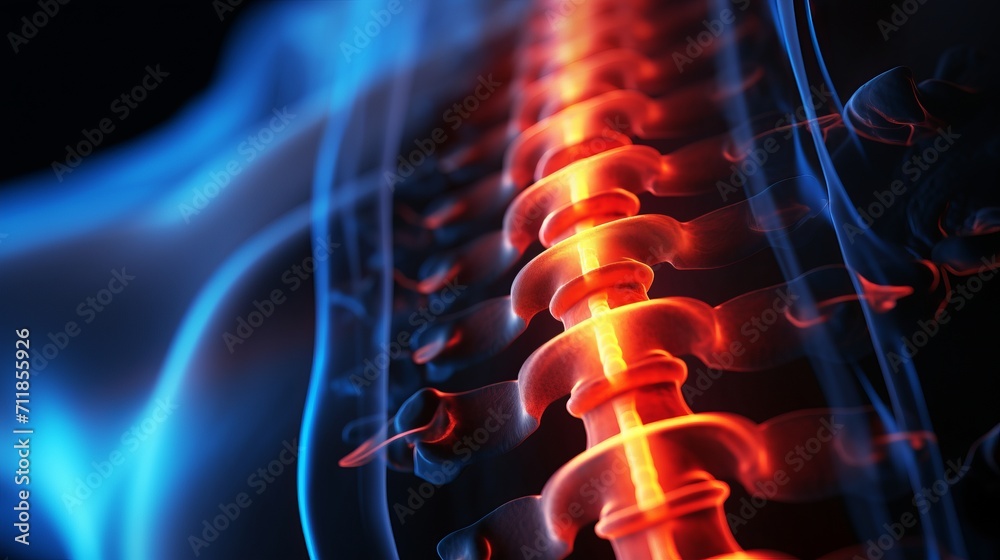 Detailed medical illustration of male anatomy with inflamed lumbar ...