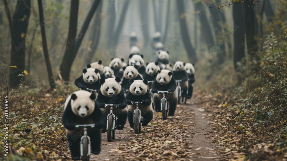 Playful pandas happily ride their bikes along the forest path. Fitness ...