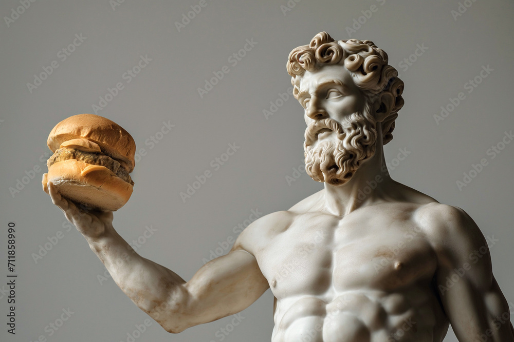 Ancient Greek god sculpture holding a burger. Fit man marble statue ...