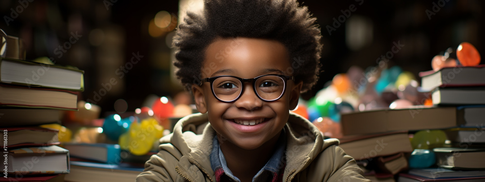 Happy smart kid sitting between two piles of books. Reading a book ...