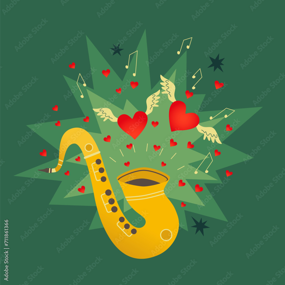 Saxophone Love Music Melody cute hand drawn vector poster. Sax burst ...
