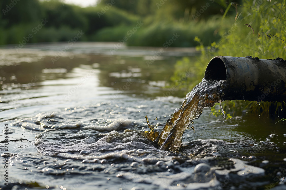 he image shows a pipe discharging polluted water into a natural water ...
