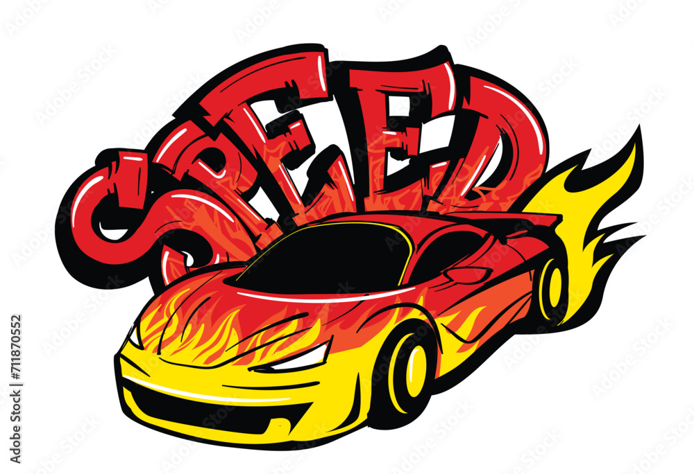 Red sport car with fire track on white background. Modern speed ...