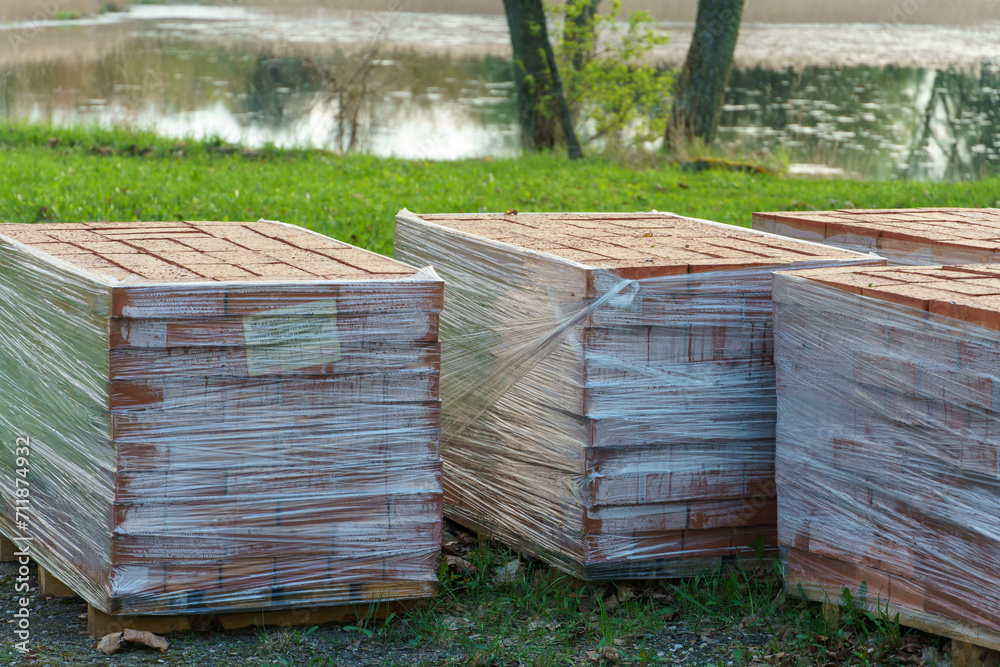 Laying paving slabs on a construction site. Repair of a road or ...