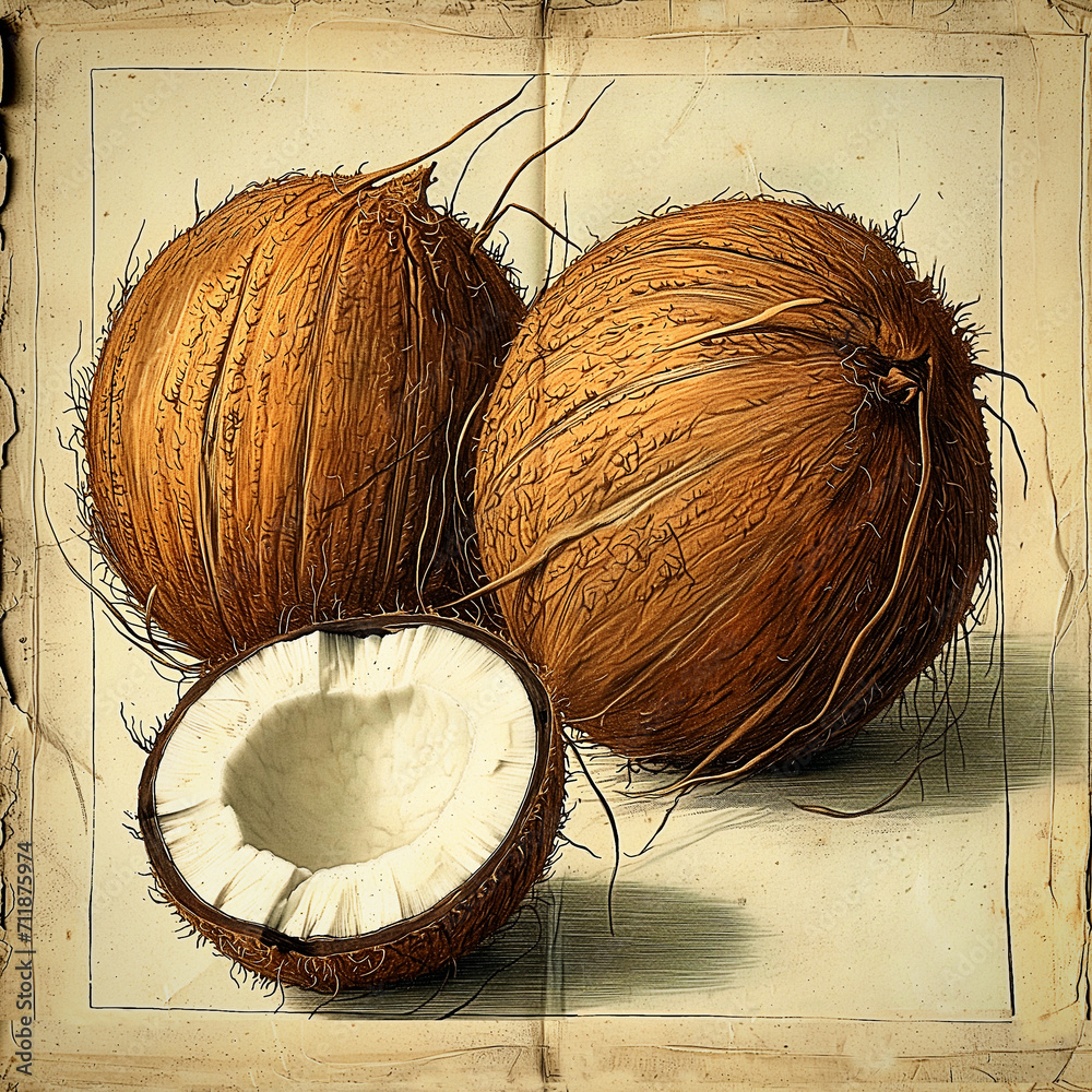 Cocos nucifera fruit of the coconut palm of the coastal tropical ...