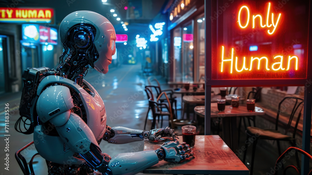 Humanoid robot sits in front of neon sign Only Human in street cafe ...