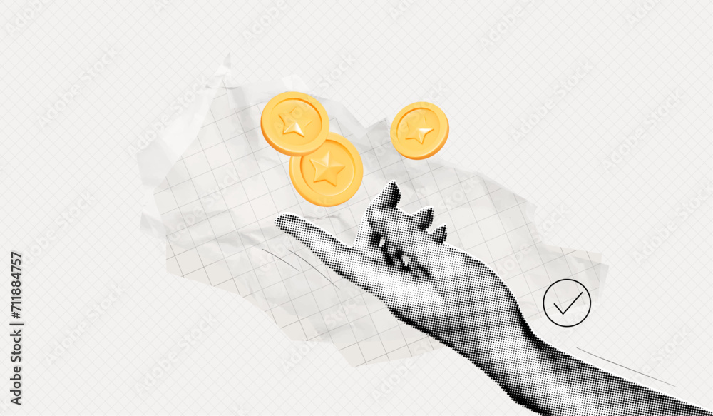 Trendy Halftone Collage Hand with Floating Coins. Payment concept ...
