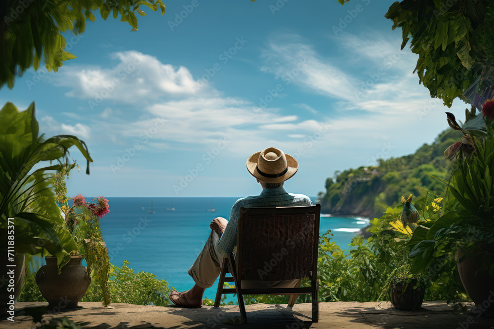 A serene scene of a retiree enjoying a peaceful day in a tropical ...