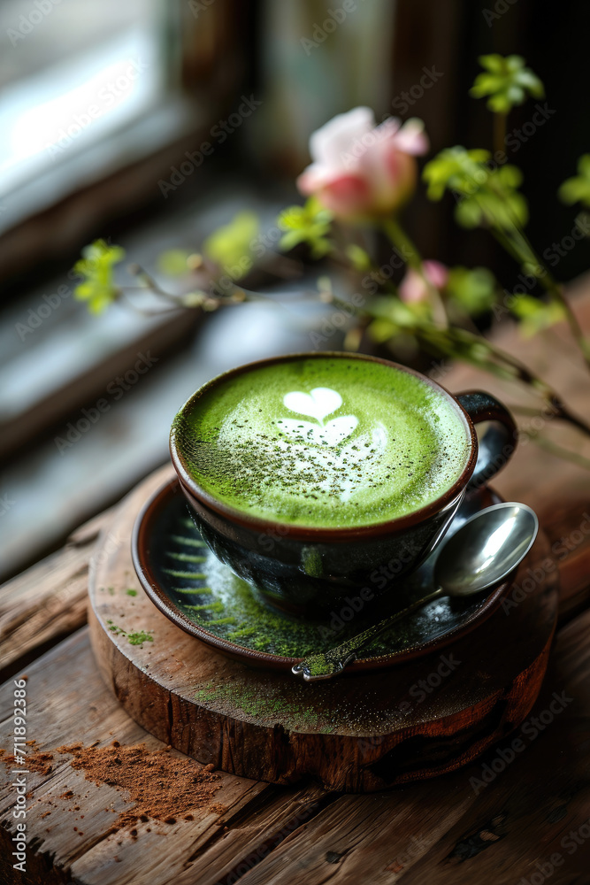 editorial close up photo of japanese green matcha latte with heart ...
