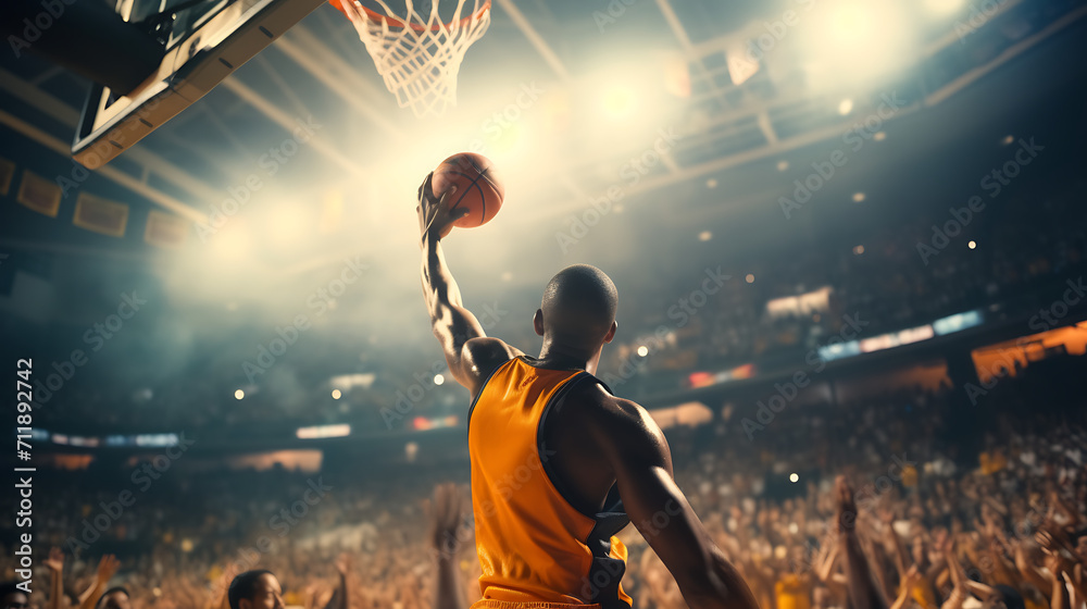 African American National Basketball Superstar Player Scoring a Powerful Slam Dunk Goal with ...