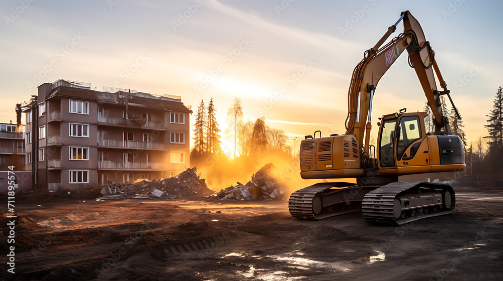 Construction Site On Sunny Evening: Industrial Excavator Driving To ...