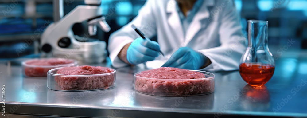 Lab-Grown Meat: Future of Sustainable Food. In a sterile laboratory environment, cultured meat ...