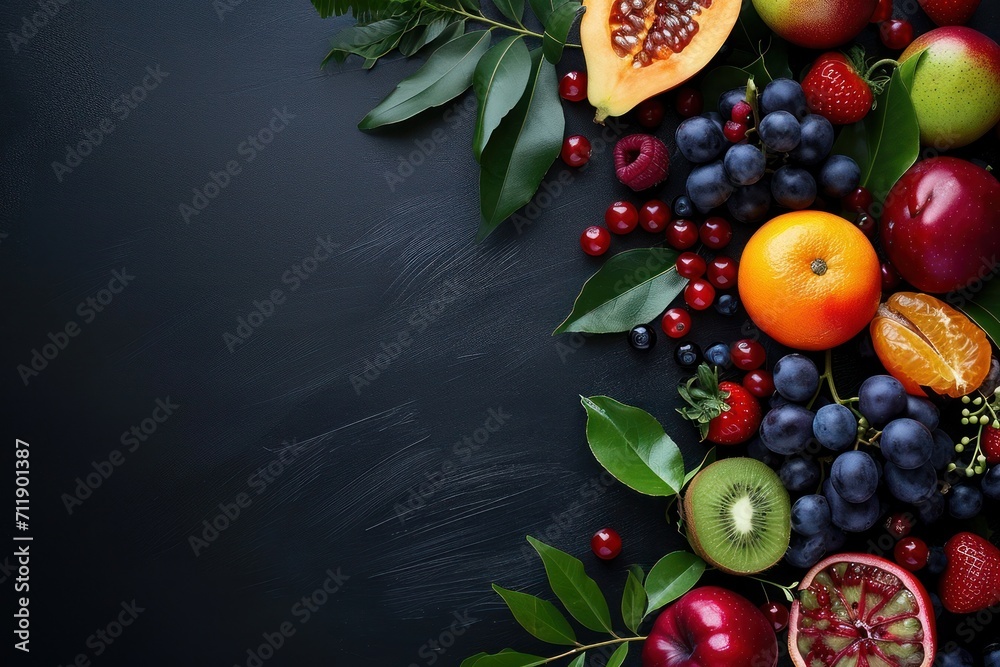 Assortiment de fruits sur un fond noir en ardoise, image avec espace ...