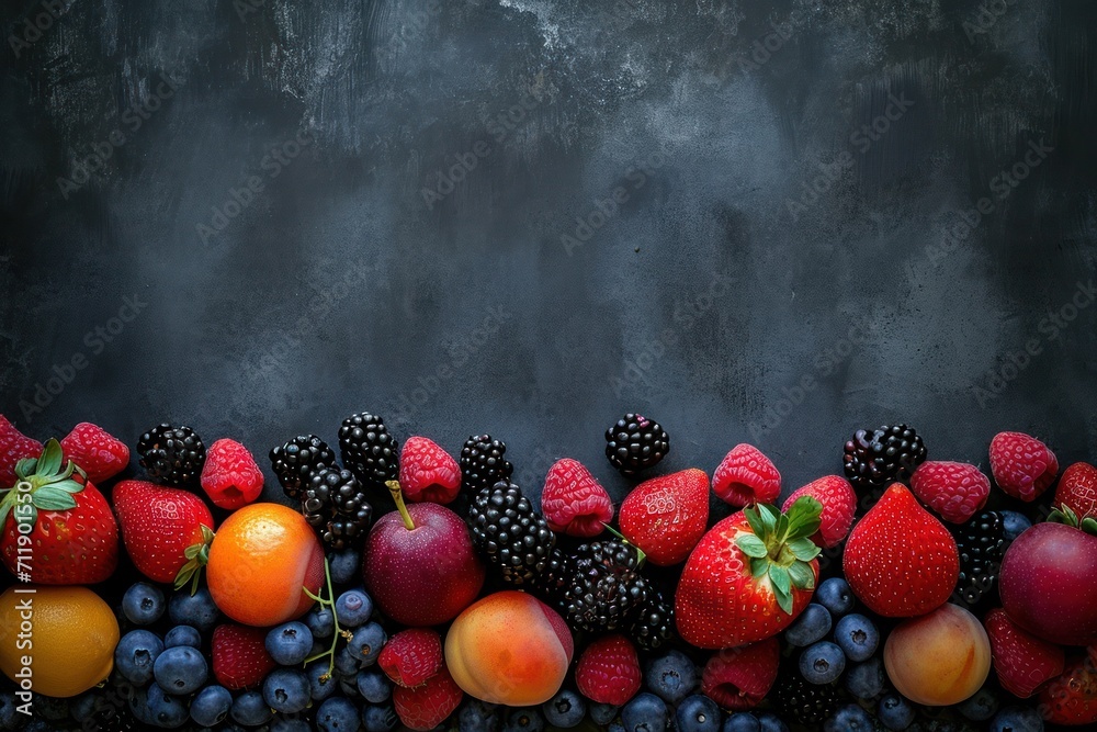 Assortiment de fruits sur un fond noir en ardoise, image avec espace ...