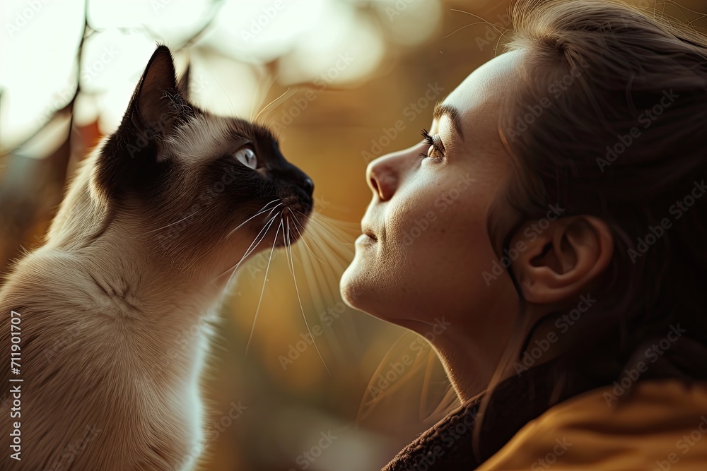 A curious woman gazes at a domestic cat, mesmerized by its majestic ...