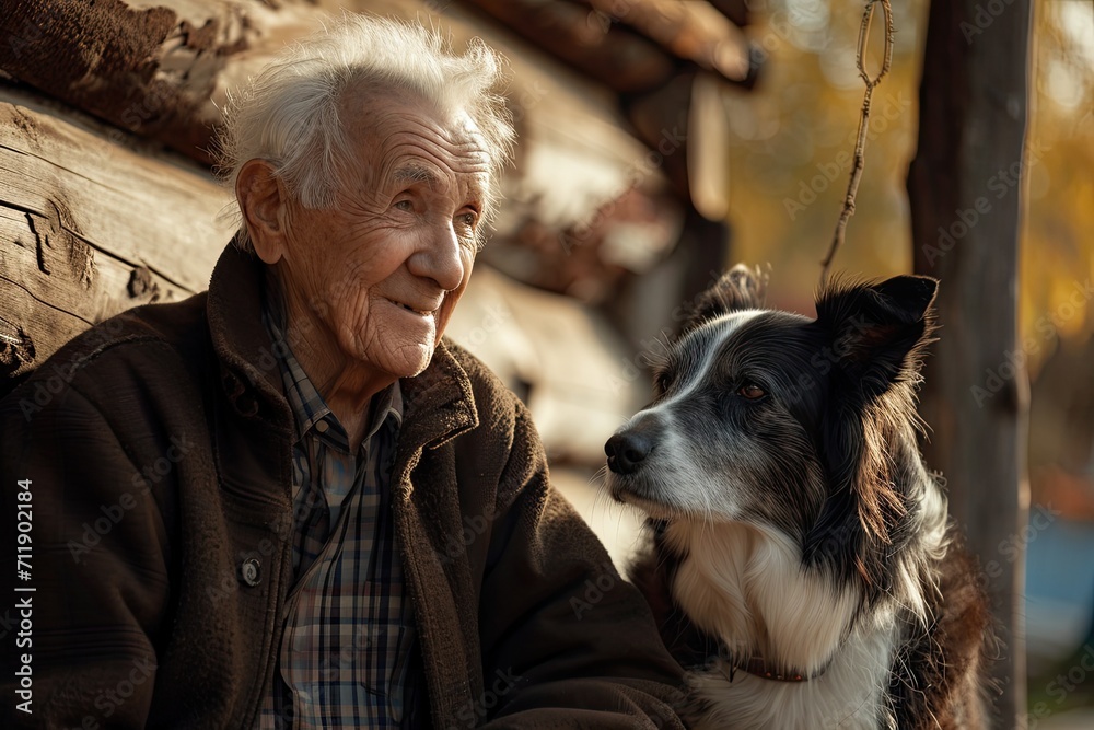 An elderly man and his loyal dog, a majestic golden retriever, stand ...