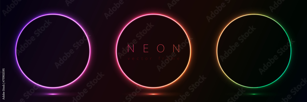 Set of glowing neon color circles round curve shape with wavy dynamic ...
