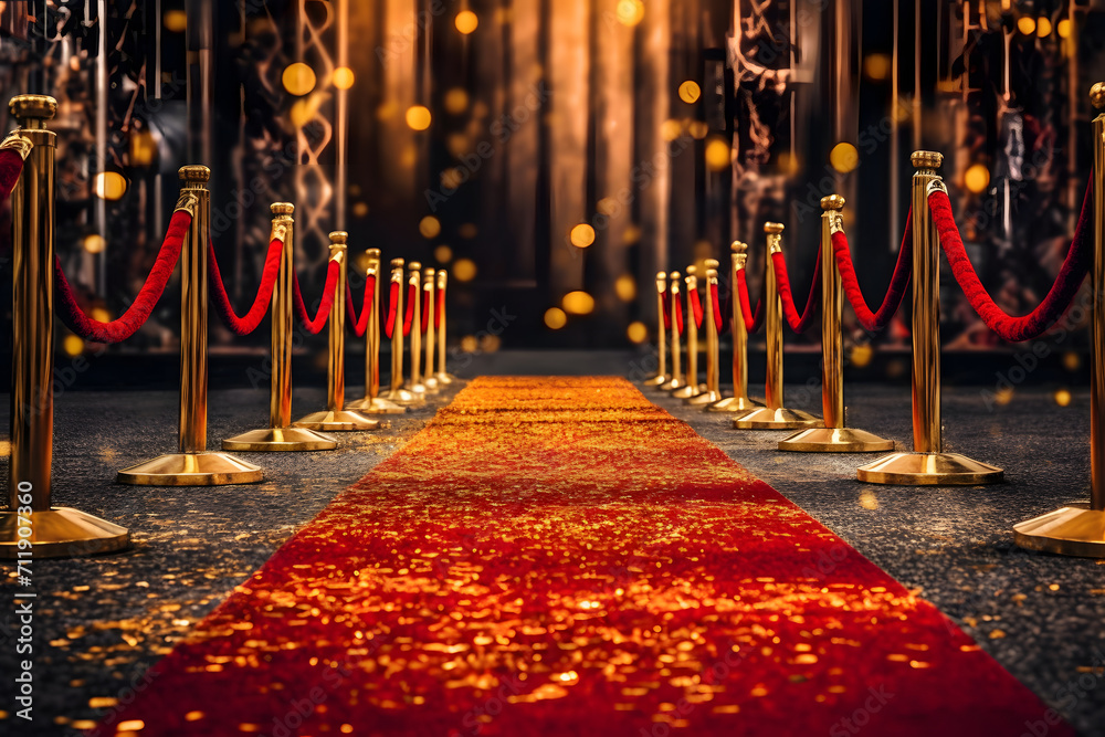 Awards show dark red carpet path with a golden barrier, celebrity's ...