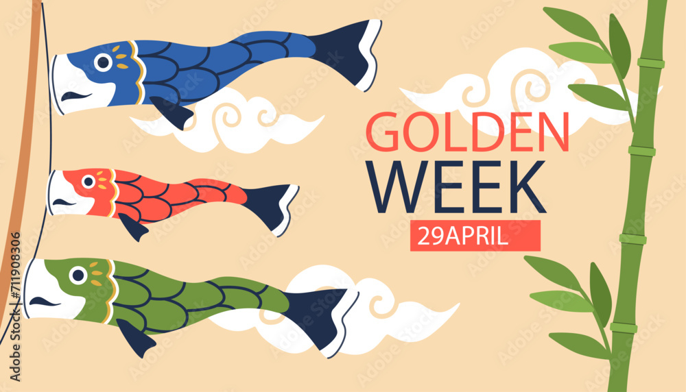 Golden week poster. Red, green and blue fishes at fishing rob. Active ...