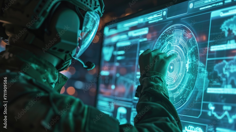 Soldier with high-tech helmet examines futuristic AI interface in dimly ...