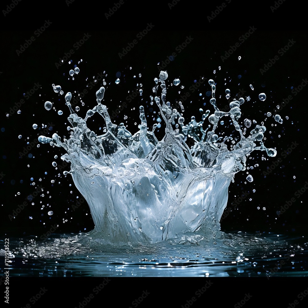 A realistic image of water colliding in mid-air, creating a crown-like ...