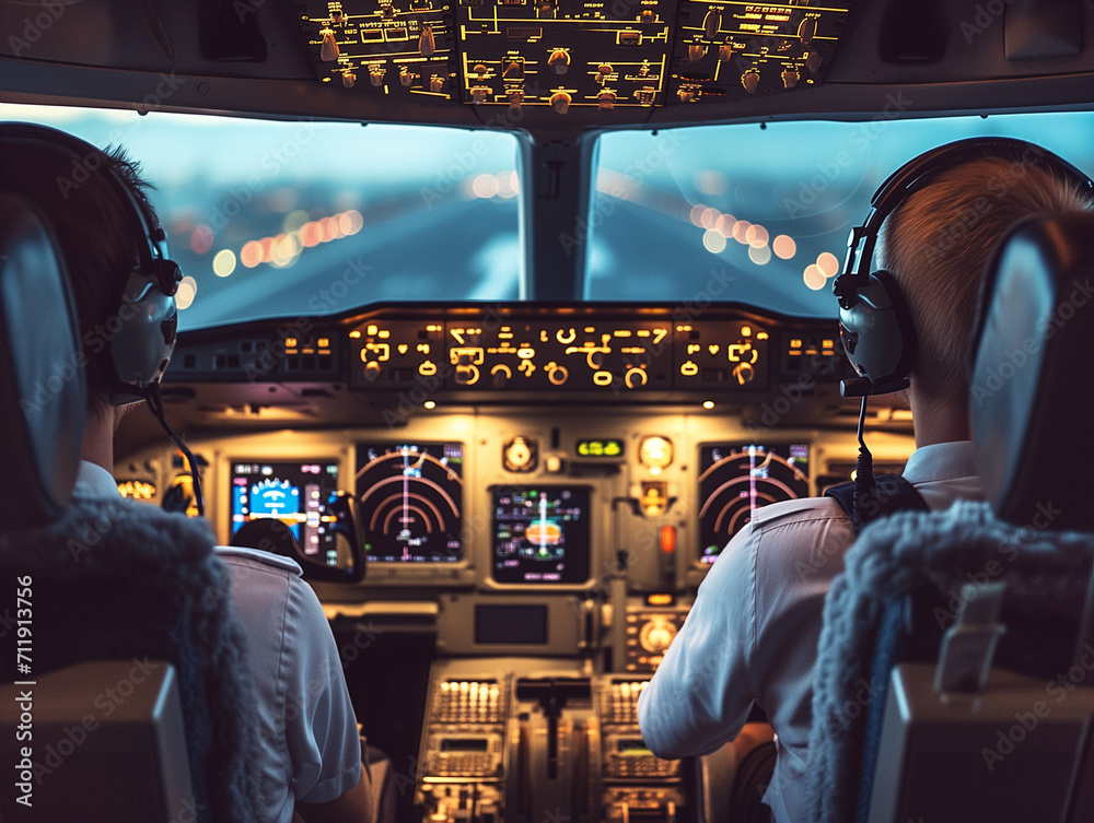 A Photo of a Pilot and Co-Pilot in the Cockpit of a Commercial Airplane ...