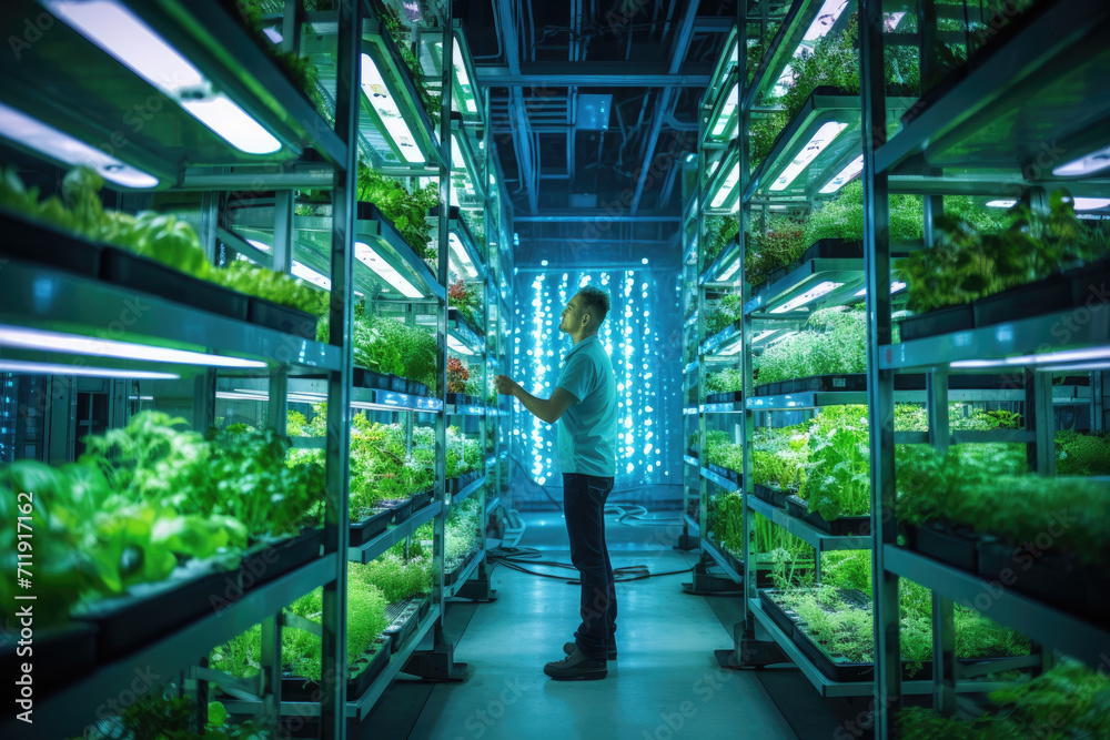 Controlled vertical farm, lush greenery and technician in a lab coat ...