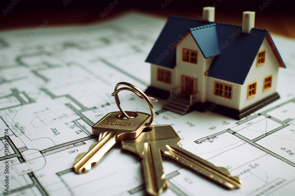 House keys and blueprints with house plan. Real estate concept. Stock ...