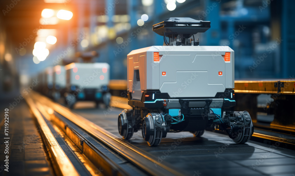 Automated guided vehicle in warehouse logistic and transport. Modern ...